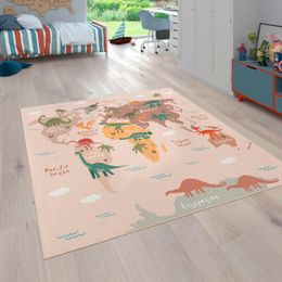 Paco Home Kinderteppich &raquo;Bino 583&laquo; rechteckig 4 mm H&ouml;he Spielteppich, Motiv Weltkarte & Dinosaurier, Kinderzimmer beige Polyester