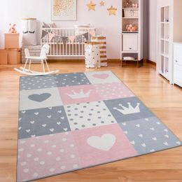 Paco Home Kinderteppich &raquo;Eliz 391&laquo; rechteckig 12 mm H&ouml;he Kurzflor, Spielteppich, Patchwork-Muster, Motiv Krone, Herz & Punkte pink Polyester