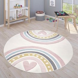 Paco Home Kinderteppich »Cosmos 351« rund 16 mm Höhe Kurzflor, Spielteppich, Motiv Regenbogen & Herz, Kinderzimmer Pink Obermaterial: 100%...