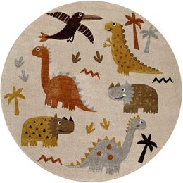 Smart Kids Kinderteppich &raquo;T-Rex & Friends&laquo; rund 10 mm H&ouml;he Moderner Spielteppich, strapazierf&auml;hig, pflegeleicht, Konturenschnitt beige Polypropylen