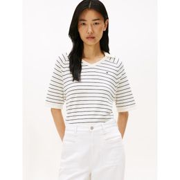 Tommy Hilfiger Strickpullover &raquo;CO JERSEY STCH POLO V-NK S/S SWT&laquo; Ivory Silk/Dark Night Navy Fine Stp XXXL(46) XXXL(46) Strickpullover von Tommy...