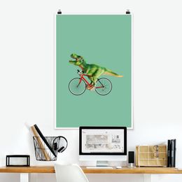 Poster Tiere Dinosaurier mit Fahrrad
