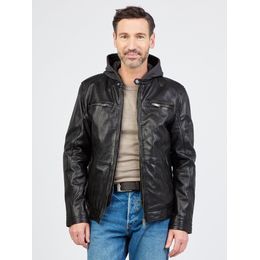 Lederjacke JCC "3102234", Herren, Gr. 48, schwarz, Obermaterial: 100% Lammleder; Innenfutter oben: 100% Polyester; Innenfutter unten: 100% Baumwolle; Ärmelfutter: 100% Polyester; Kapuzeneinsatz: 55% Baumwolle, 45% Polyester; Wattierung: 100% Polyester, mit Knopf, Jacken