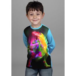 Langarmshirt Kidsworld "Dino-Shirt", Jungen, Gr. 104/110, blau (t&uuml;rkis), Single Jersey, Obermaterial: 100% Baumwolle. Obermaterial Vorderteil: 100% Polyester, bedruckt, Basic h&uuml;ftlang, Rundhals, Rippb&uuml;ndchen, Shirts Langarmshirt, Dino Fotodruck