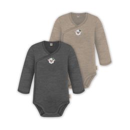 Normani Outdoor Sports 2er Set Unisex Baby Wickelbody Langarm-Strampler in Anthrazit/Beige | Gr.: 80