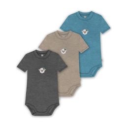 Normani Outdoor Sports 3er Set Bio Baby Body Kurzarm aus Merinowolle f&uuml;r Junge und M&auml;dchen in Blau/Beige/Anthrazit | Gr.: 80