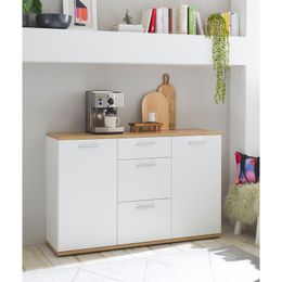 HBZ-MEBLE HBZ Kommode »BC1035 weiß matt, BxHxT 135x86x38 cm« Kommode mit 2 Türen, 3 Schubkästen, 2 Einlegeböden weiß/artisan