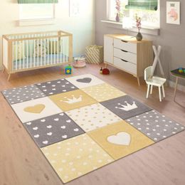 Paco Home Kinderteppich »Cosmo 339« rechteckig 16 mm Höhe Kurzflor, Pastell-Farben, 3D-Effekt, Motiv Herz, Punkte & Krone gelb Obermaterial: 100%...