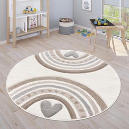 Paco Home Kinderteppich »Cosmos 351« rund 16 mm Höhe Kurzflor, Spielteppich, Motiv Regenbogen & Herz, Kinderzimmer Beige Obermaterial: 100%...