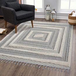 Carpet City Hochflor-Teppich »VALENCIA 940« rechteckig 20 mm Höhe Läufer, Boho-Stil, Hochtief-Muster/ 3D-Effekt, mit Fransen Grau-Blau...