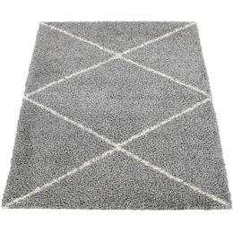 Paco Home Hochflor-Teppich &raquo;Kalmar 442&laquo; rechteckig 40 mm H&ouml;he Scandi Design, Rauten Muster, weich & kuschelig grau Obermaterial: 100% Polypropylen...