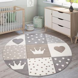 Paco Home Kinderteppich »Cosmo 339« rund 16 mm Höhe Kurzflor, Pastell-Farben, 3D-Effekt, Motiv Herz, Punkte & Krone beige Obermaterial: 100%...