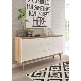 Andas Sideboard »Merle« im skandinavischen Design, Breite 160 cm Eiche Riviera NB/ Weiss matt Dekorative Rahmenoptik
