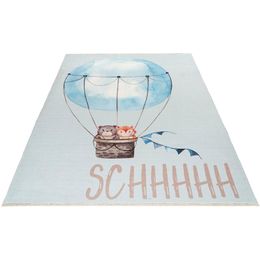 Obsession Kinderteppich »My Greta 601« rechteckig 6 mm Höhe Kurzflor, Motiv Heißluftballon, mit Fransen, Kinderzimmer hellblau Obermaterial: 70%...