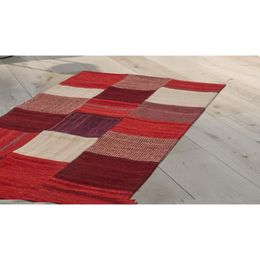 Kayoom Teppich &raquo;Radical 230&laquo; rechteckig 15 mm H&ouml;he Handgewebter Jacquard-Kilim, hochwertige Materialmischung Rot / Multi Obermaterial: 80% Wolle,...