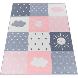Paco Home Kinderteppich »Eliz 393« rechteckig 12 mm Höhe Kurzflor, Spielteppich, Patchwork-Muster, Motiv Sonne, Wolken, Herz Rosa Obermaterial:...