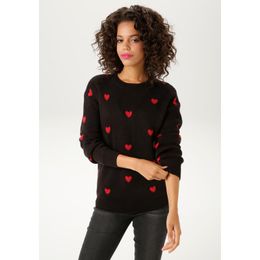 Aniston CASUAL Strickpullover mit eingestrickten Herzchen schwarz-rot 46 46 Pullover aus weichem Jacquard-Strick