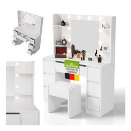 Juskys Schminktisch Malia und Hocker Melly mit LED-Spiegel, Helligkeit & Farbtemperatur individuell einstellbar, viel Stauraum&ndash; Wei&szlig;