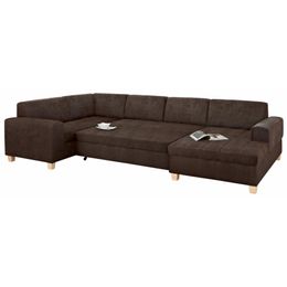 Wohnlandschaft Home Affaire "Corby, viel Platz und Komfort, U-Form", braun, B:333cm H:80cm T:199cm, Struktur fein (100% Polyester);Chenille (100% Polyester);NaturLEDER (echtes Rindsleder) auf Sitzfläche, Kunstleder im Korpus;Melrose (100% Polyester), Sofas, wahlweise mit Bettfunktion, Steppung auf Sitzfläche