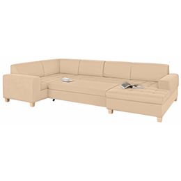 Wohnlandschaft Home Affaire "Corby, viel Platz und Komfort, U-Form", beige (creme), B:333cm H:80cm T:199cm, Struktur fein (100% Polyester);Chenille (100% Polyester);NaturLEDER (echtes Rindsleder) auf Sitzfläche, Kunstleder im Korpus;Melrose (100% Polyester), Sofas, wahlweise mit Bettfunktion, Steppung auf Sitzfläche