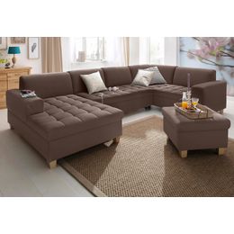 Wohnlandschaft Home Affaire "Corby, viel Platz und Komfort, U-Form", braun (dunkelbraun), B:333cm H:80cm T:199cm, Struktur fein (100% Polyester);Chenille (100% Polyester);NaturLEDER (echtes Rindsleder) auf Sitzfläche, Kunstleder im Korpus;Melrose (100% Polyester), Sofas, wahlweise mit Bettfunktion, Steppung auf Sitzfläche