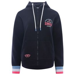Sweatjacke Zwillingsherz, Damen, Gr. SM (S/M), blau (navy), Sweatware, Obermaterial: 50% Baumwolle, 50% Polyester, unifarben, normal hüftlang, V-Ausschnitt, Sweatjacken, Kapuze, Langarm, Stickerei am Rücken, Langarm, Reißverschluss
