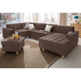 Wohnlandschaft Home Affaire "Corby, viel Platz und Komfort, U-Form", braun (dunkelbraun), B:333cm H:80cm T:199cm, Struktur fein (100% Polyester);Chenille (100% Polyester);NaturLEDER (echtes Rindsleder) auf Sitzfläche, Kunstleder im Korpus;Melrose (100% Polyester), Sofas, wahlweise mit Bettfunktion, Steppung auf Sitzfläche
