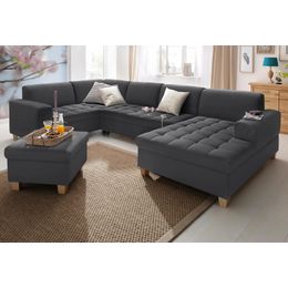 Wohnlandschaft Home Affaire "Corby, viel Platz und Komfort, U-Form", schwarz, B:333cm H:80cm T:199cm, Struktur fein (100% Polyester);Chenille (100% Polyester);NaturLEDER (echtes Rindsleder) auf Sitzfläche, Kunstleder im Korpus;Melrose (100% Polyester), Sofas, wahlweise mit Bettfunktion, Steppung auf Sitzfläche