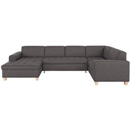 Wohnlandschaft Home Affaire "Corby, viel Platz und Komfort, U-Form", grau (anthrazit), B:333cm H:80cm T:199cm, Struktur fein (100% Polyester);Chenille (100% Polyester);NaturLEDER (echtes Rindsleder) auf Sitzfläche, Kunstleder im Korpus;Melrose (100% Polyester), Sofas, wahlweise mit Bettfunktion, Steppung auf Sitzfläche