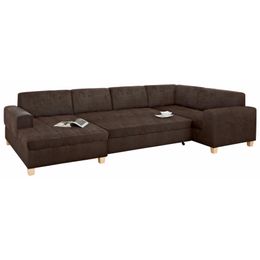 Wohnlandschaft Home Affaire "Corby, viel Platz und Komfort, U-Form", braun, B:333cm H:80cm T:199cm, Struktur fein (100% Polyester);Chenille (100% Polyester);NaturLEDER (echtes Rindsleder) auf Sitzfläche, Kunstleder im Korpus;Melrose (100% Polyester), Sofas, wahlweise mit Bettfunktion, Steppung auf Sitzfläche