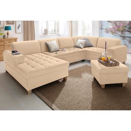Wohnlandschaft Home Affaire "Corby, viel Platz und Komfort, U-Form", beige (creme), B:333cm H:80cm T:199cm, Struktur fein (100% Polyester);Chenille (100% Polyester);NaturLEDER (echtes Rindsleder) auf Sitzfläche, Kunstleder im Korpus;Melrose (100% Polyester), Sofas, wahlweise mit Bettfunktion, Steppung auf Sitzfläche