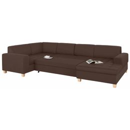 Wohnlandschaft Home Affaire "Corby, viel Platz und Komfort, U-Form", braun (dunkelbraun), B:333cm H:80cm T:199cm, Struktur fein (100% Polyester);Chenille (100% Polyester);NaturLEDER (echtes Rindsleder) auf Sitzfläche, Kunstleder im Korpus;Melrose (100% Polyester), Sofas, wahlweise mit Bettfunktion, Steppung auf Sitzfläche