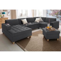 Wohnlandschaft Home Affaire "Corby, viel Platz und Komfort, U-Form", schwarz, B:333cm H:80cm T:199cm, Struktur fein (100% Polyester);Chenille (100% Polyester);NaturLEDER (echtes Rindsleder) auf Sitzfläche, Kunstleder im Korpus;Melrose (100% Polyester), Sofas, wahlweise mit Bettfunktion, Steppung auf Sitzfläche