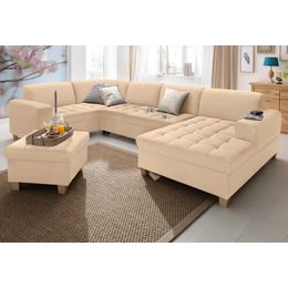 Wohnlandschaft Home Affaire "Corby, viel Platz und Komfort, U-Form", beige (creme), B:333cm H:80cm T:199cm, Struktur fein (100% Polyester);Chenille (100% Polyester);NaturLEDER (echtes Rindsleder) auf Sitzfläche, Kunstleder im Korpus;Melrose (100% Polyester), Sofas, wahlweise mit Bettfunktion, Steppung auf Sitzfläche