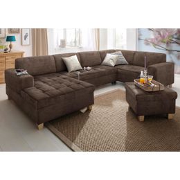 Wohnlandschaft Home Affaire "Corby, viel Platz und Komfort, U-Form", braun, B:333cm H:80cm T:199cm, Struktur fein (100% Polyester);Chenille (100% Polyester);NaturLEDER (echtes Rindsleder) auf Sitzfläche, Kunstleder im Korpus;Melrose (100% Polyester), Sofas, wahlweise mit Bettfunktion, Steppung auf Sitzfläche
