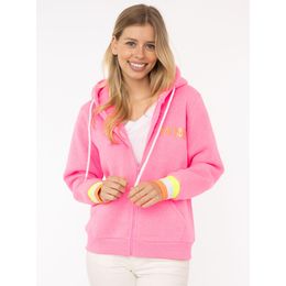 Sweatjacke Zwillingsherz ""Moin ZH"", Damen, Gr. L, pink (neonpink), Sweatware, Obermaterial: 50% Baumwolle, 50% Polyester, bedruckt, unifarben, hüftbedeckend, ohne Ausschnitt, Rippbündchen kontrastfarben, Sweatjacken, Langarm, Kapuze, Reißverschluss, modisch, Schriftzug, Taschen