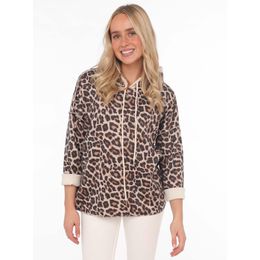 Hoodie Zwillingsherz ""Leo"", Damen, Gr. LXL (L/XL), beige, Sweatware, Obermaterial: 75% Polyester, 20% Polyamid, 5% Elasthan, gemustert, Modisch, comfort fit hüftlang, V-Ausschnitt, Sweatshirts, Kapuze, Animal-Muster, 3/4-Arm, Kordel, modisch