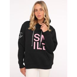 Hoodie Zwillingsherz ""Alissa"", Damen, Gr. L/XL (L/XL), schwarz, Sweatware, Obermaterial: 50% Baumwolle, 50% Polyester, normal h&uuml;ftlang, hoch geschlossener Ausschnitt, B&uuml;ndchen, Sweatshirts Hoodie, Langarm, Kapuze, Neon-Details, Kordelzug, Frontprint, K&auml;ngurutasche