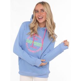 Sweatshirt Zwillingsherz, Damen, Gr. L/XL (L/XL), blau (hellblau), Sweatware, Obermaterial: 50% Baumwolle, 50% Polyester, unifarben, normal hüftbedeckend, V-Ausschnitt, Sweatshirts, gestickter Schriftzug, Kapuze, Langarm, Kängurutasche, Kordelzug