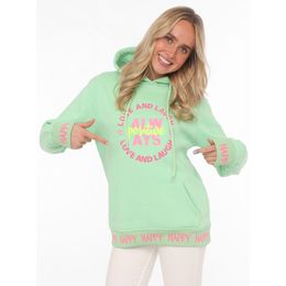 Hoodie Zwillingsherz ""Always Positive"", Damen, Gr. L/XL (L/XL), grün (hellgrün), angeraute Sweatware, Obermaterial: 50% Baumwolle, 50% Polyester, unifarben, Modisch, normal normal, ohne Ausschnitt, angesetztes Bündchen, Sweatshirts, Kapuze, Stickerei, Fronttasche, Bündchen-Schriftzug, Langarm