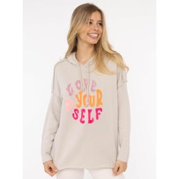 Hoodie Zwillingsherz "Love Yourself", Damen, Gr. S/M, beige, Web, Obermaterial: 70% Baumwolle, 30% Polyester, bedruckt, unifarben, h&uuml;ftbedeckend, ohne Ausschnitt, Sweatshirts Hoodie, Kapuze, Flockprint, Langarm, Kordelzug