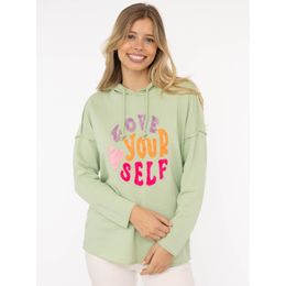 Hoodie Zwillingsherz ""Love Yourself"", Damen, Gr. L/XL, grün, Web, Obermaterial: 70% Baumwolle, 30% Polyester, bedruckt, unifarben, Modisch, hüftbedeckend, ohne Ausschnitt, Sweatshirts, Kapuze, Flockprint, Langarm, Kordelzug