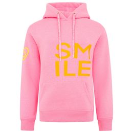 Hoodie Zwillingsherz ""Alissa"", Damen, Gr. SM (S/M), pink (neonpink), Sweatware, Obermaterial: 50% Baumwolle, 50% Polyester, unifarben mit Farbeinsatz, normal h&uuml;ftlang, hoch geschlossener Ausschnitt, B&uuml;ndchen, Sweatshirts Hoodie, Langarm, Kapuze, Neon-Details, Kordelzug, Frontprint, K&auml;ngurutasche