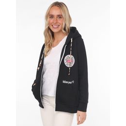 Kapuzensweatjacke Zwillingsherz, Damen, Gr. L/XL, schwarz, Sweatware, Obermaterial: 50% Baumwolle, 50% Polyester, bedruckt, normal hüftlang, hoch geschlossener Ausschnitt, Bündchen, Sweatjacken, Leo-Details, Langarm, Reißverschluss, Baumwollmischung