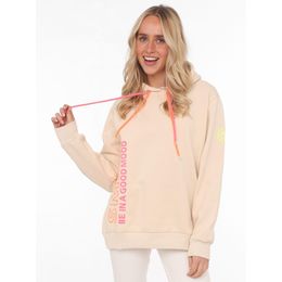 Sweatshirt Zwillingsherz, Damen, Gr. L/XL (L/XL), beige, Sweatware, Obermaterial: 80% Baumwolle, 20% Polyester, unifarben, normal hüftbedeckend, V-Ausschnitt, Sweatshirts, gestickter Schriftzug, Kapuze, Langarm, Kängurutasche, Neon-Details