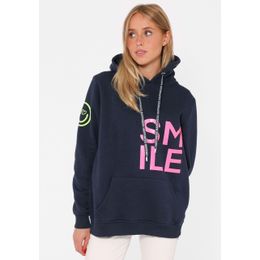 Hoodie Zwillingsherz ""Alissa"", Damen, Gr. S/M, blau (marine), Sweatware, Obermaterial: 50% Baumwolle, 50% Polyester, unifarben mit Farbeins&auml;tzen, normal h&uuml;ftlang, hoch geschlossener Ausschnitt, B&uuml;ndchen, Sweatshirts Hoodie, Langarm, Kapuze, Neon-Details, Kordelzug, Frontprint, K&auml;ngurutasche