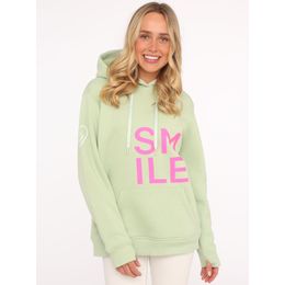 Hoodie Zwillingsherz ""Alissa"", Damen, Gr. L/XL (L/XL), gr&uuml;n (salbei), Sweatware, Obermaterial: 50% Baumwolle, 50% Polyester, normal h&uuml;ftlang, hoch geschlossener Ausschnitt, B&uuml;ndchen, Sweatshirts Hoodie, Langarm, Kapuze, Neon-Details, Kordelzug, Frontprint, K&auml;ngurutasche