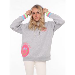 Hoodie Zwillingsherz "Always Happy", Damen, Gr. SM, grau, Sweatware, Obermaterial: 50% Baumwolle, 50% Polyester, unifarben, sportlich, normal hüftbedeckend, V-Ausschnitt, Sweatshirts, Smiley aus Frottee, Neon-Details, Kapuze, Langarm
