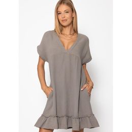 SASSYCLASSY Musselin Kleid mit V-Ausschnitt in Taupe | Gr.: L
