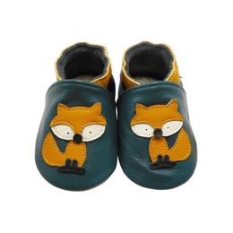 Yalion Baby-Lederlaufschuhe mit rutschfester Sohle – dunkelgrün mit Fuchsmotiv | Gr.: 17/18